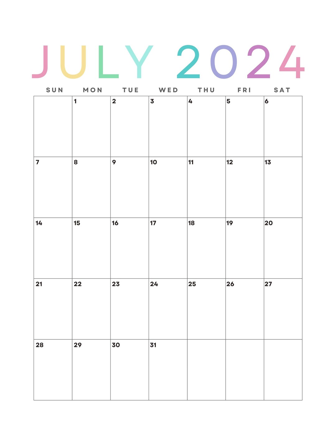 July 2024 Calendar Printable Digital Download PDF Vertical - Etsy UK