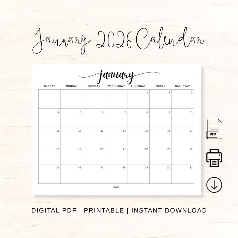 Calendrier janvier 2026 imprimable en téléchargement numérique pdf ...