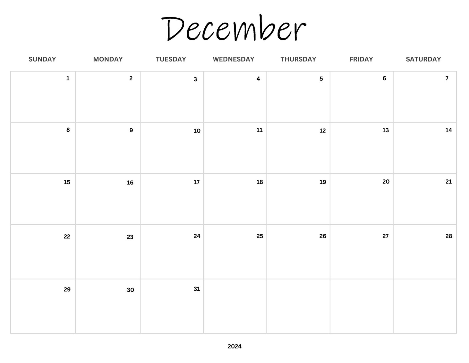 December 2024 Calendar Printable Digital Download PDF, Planner for ...