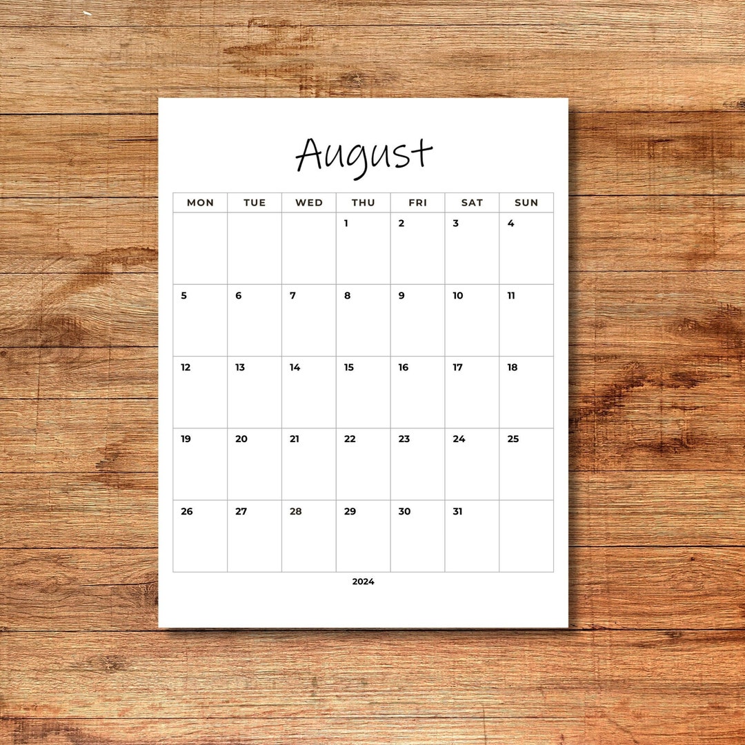 Editable August 2024 Calendar Printable Digital Download PDF Vertical ...