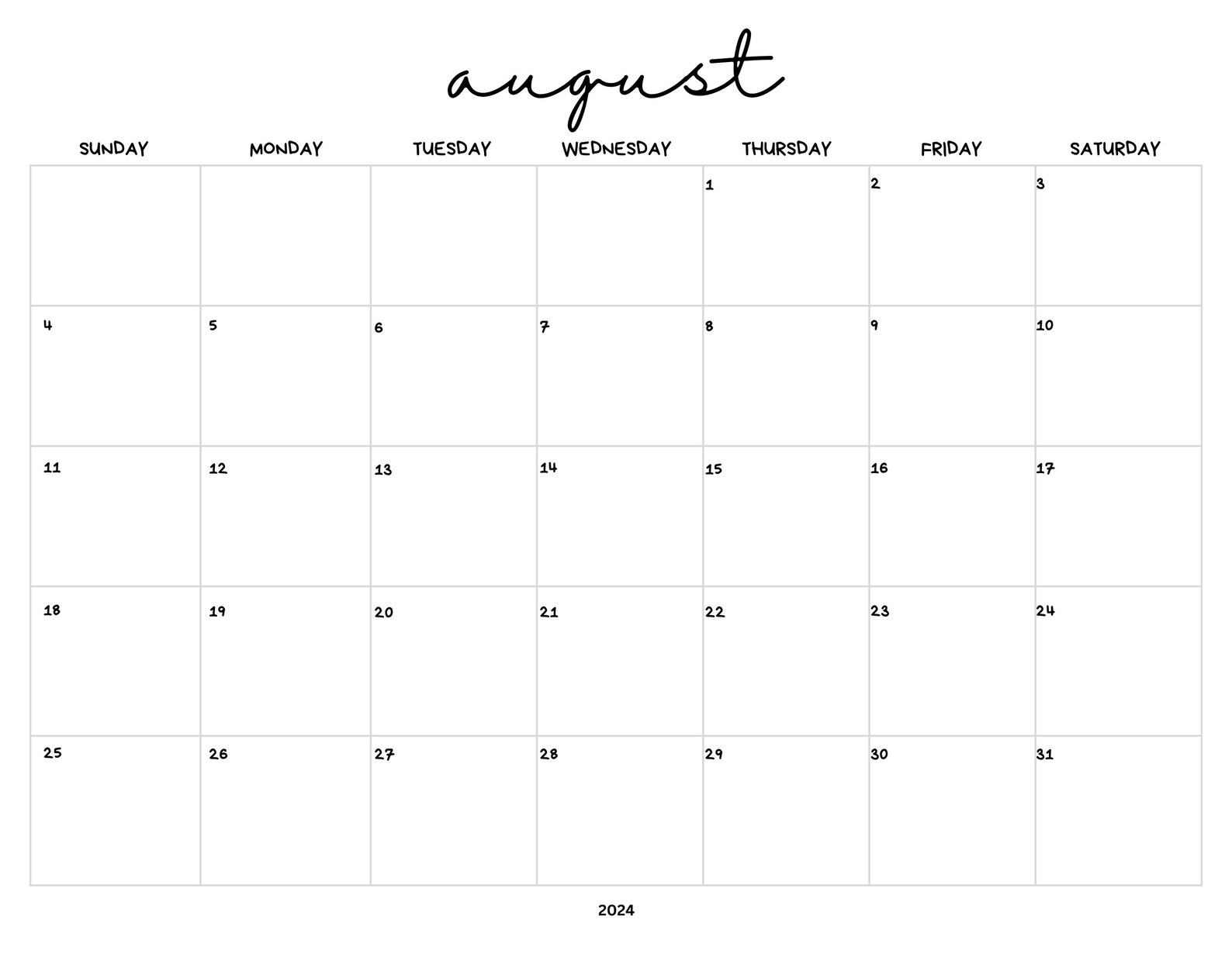 August 2024 Calendar Printable Digital Download PDF, Blank Monthly ...