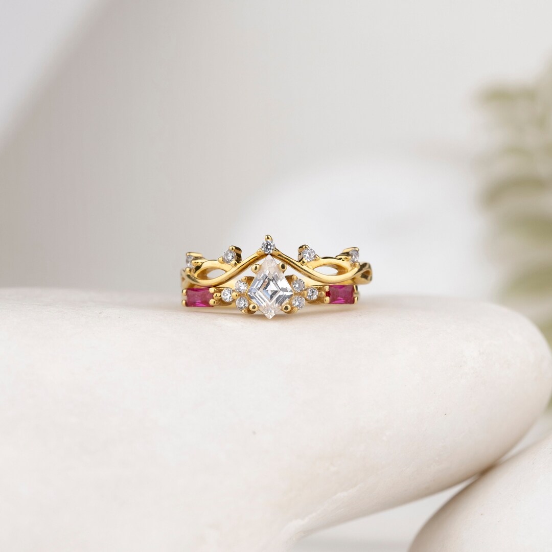 Baguette Birthstone Ring, Engagement Ring, Kite Cut Ring, Two Ring Set ...