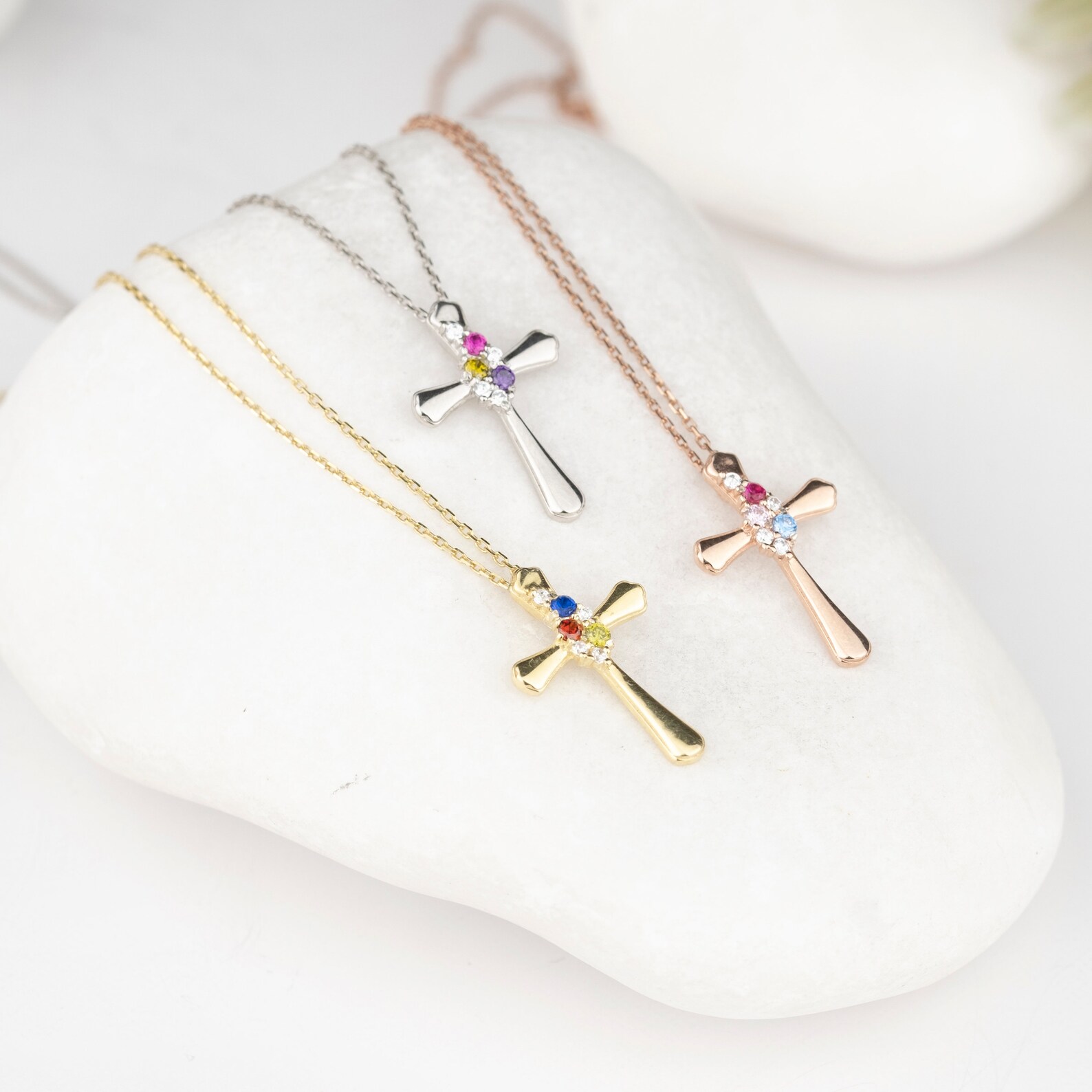 Custom Birthstone Cross Pendant Dainty Cross Necklace - Etsy