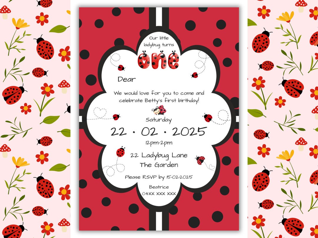 Editable Cute Ladybug / Ladybird First Birthday Invitation Template ...