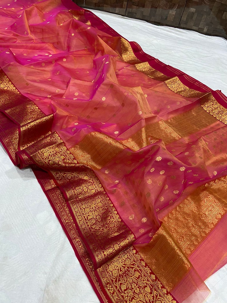 Beautiful Saree in Coral Colour in Chanderi Handloom Orgenza - Etsy