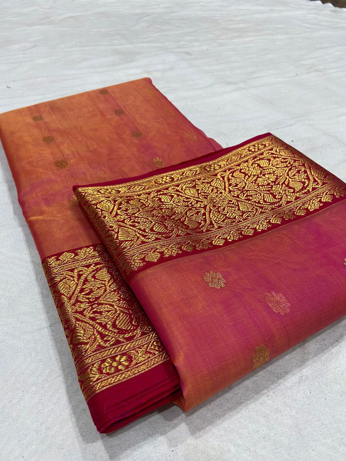 Beautiful Saree in Coral Colour in Chanderi Handloom Orgenza - Etsy