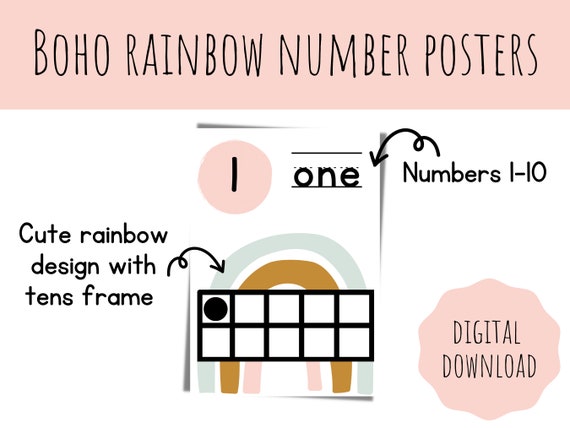 Rainbow Number Posters Boho Classroom Decor Rainbow | Etsy
