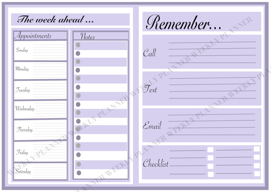 Weekly Planner Printable Purple Weekly Planner A3 Size - Etsy