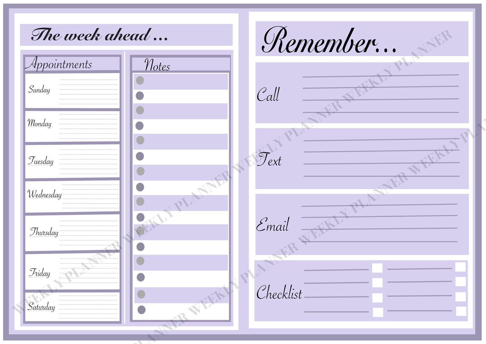 Weekly Planner Printable Purple Weekly Planner A3 Size - Etsy