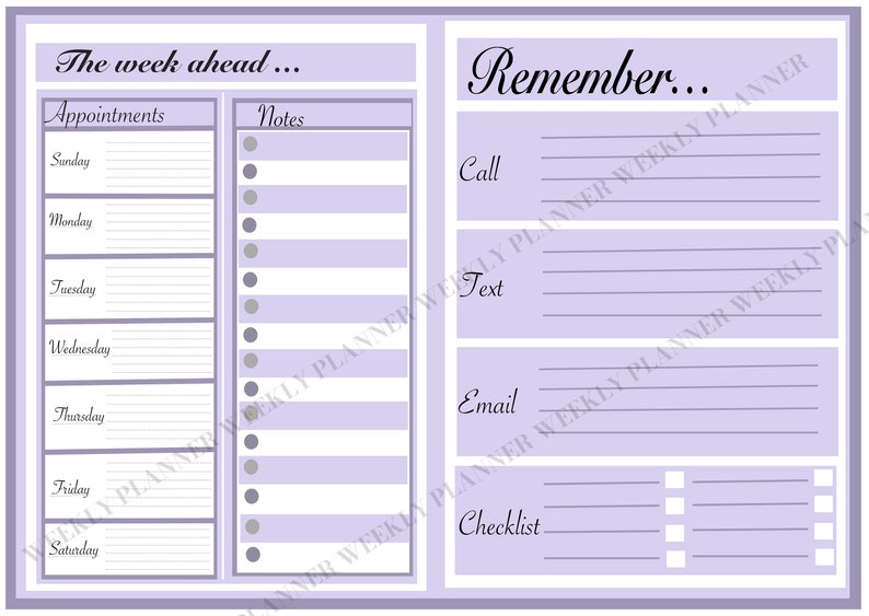Weekly Planner Printable, Purple Weekly Planner A3 Size Digital ...