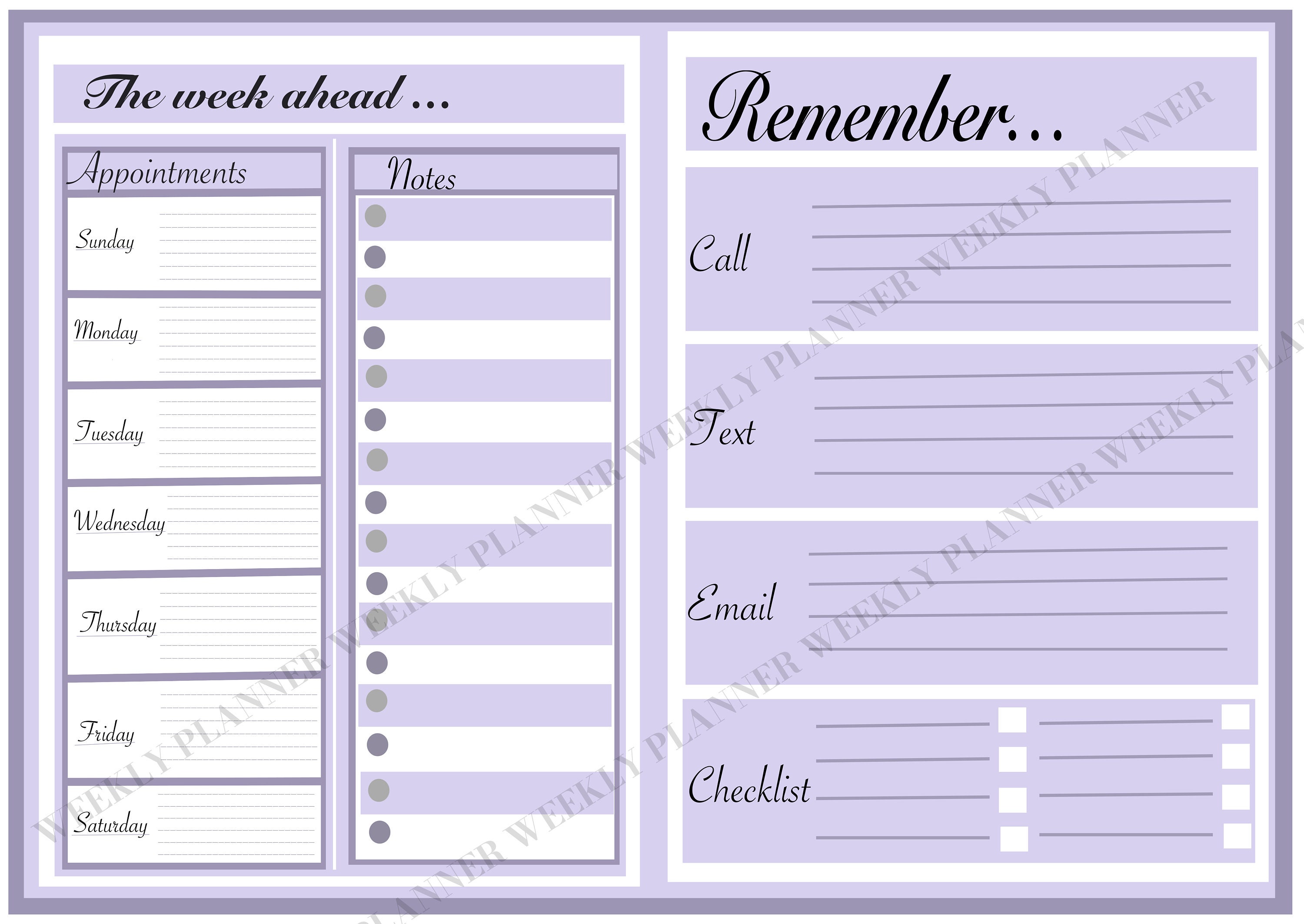 Weekly Planner Printable, Purple Weekly Planner A3 Size - Digital ...