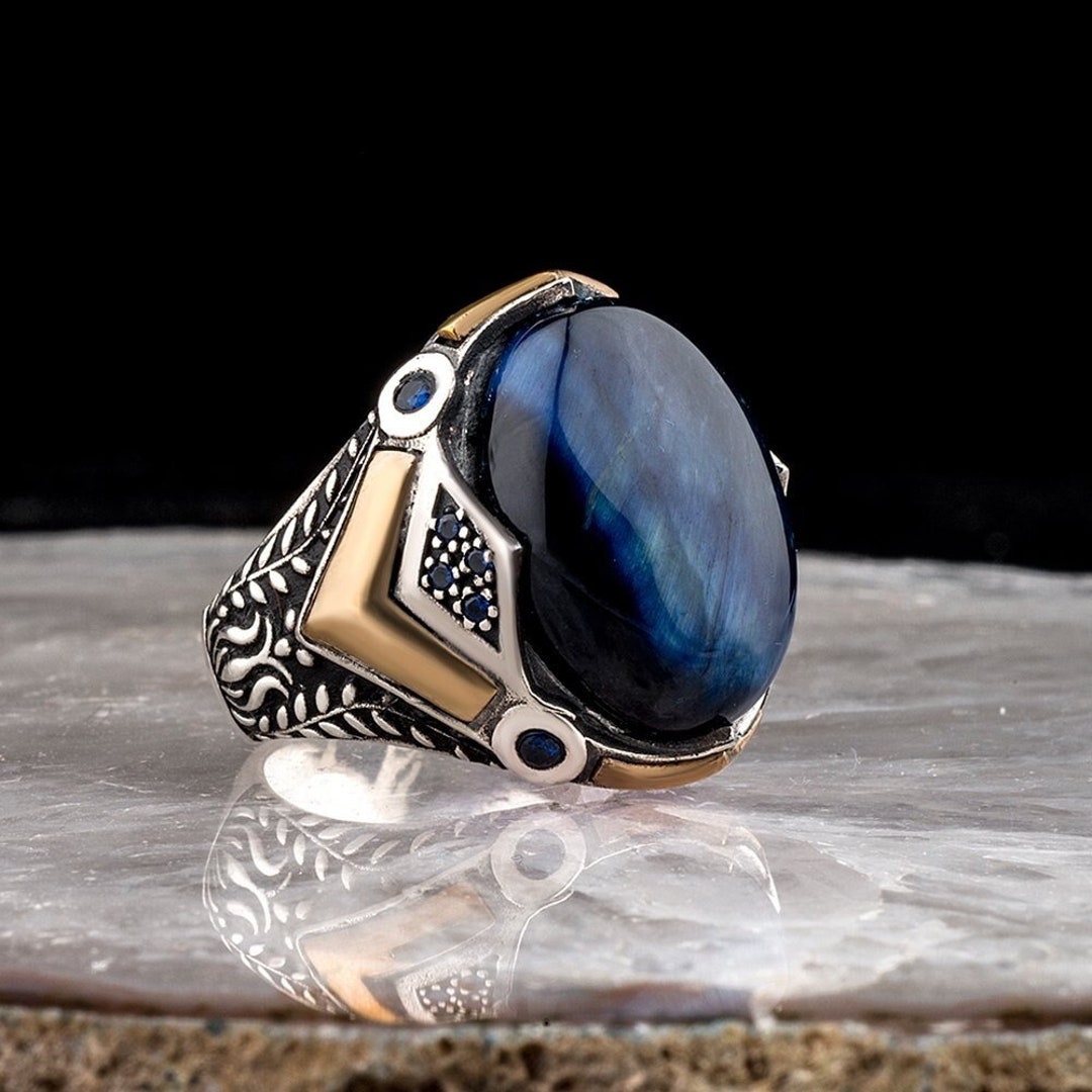 Blue Tigers Eye Ring for Mens Oval Sterling Silver Ring - Etsy