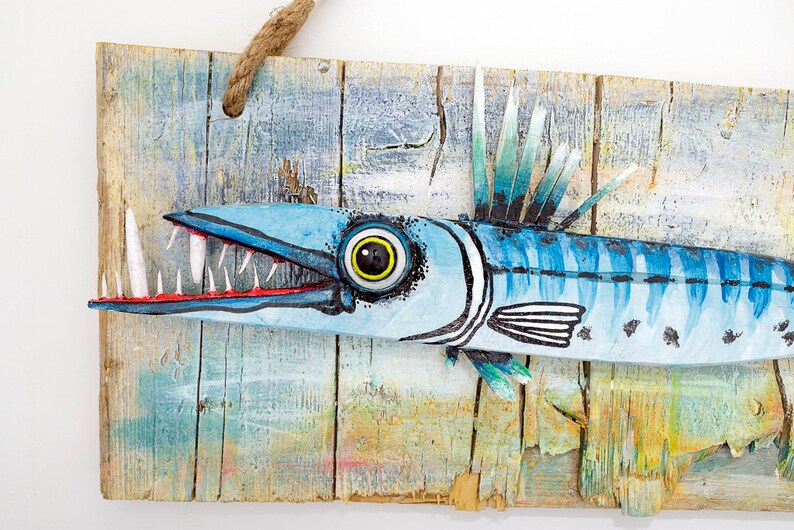 Escultura De Barracuda De Madera Flotante – Arte Mural De Pez De Madera ...