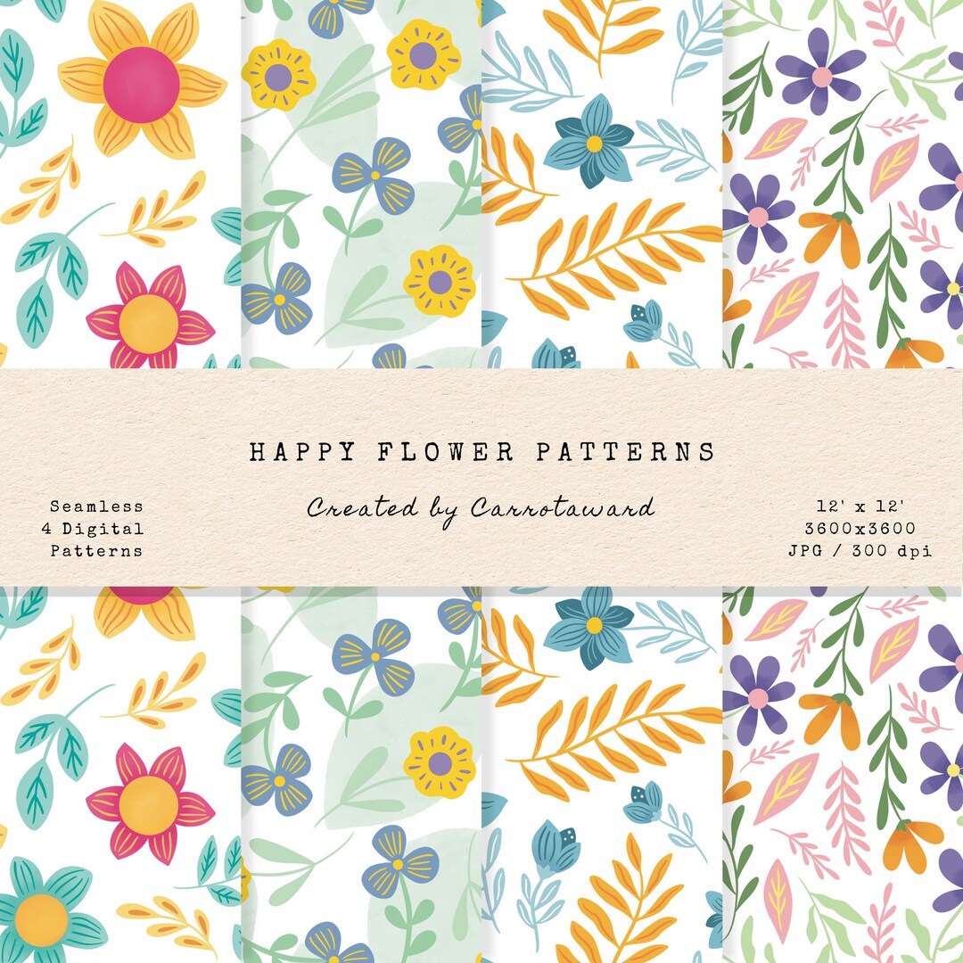 Happy Flower Digital Patterns - Seamless Patterns - Scrapbook Papers - Digital Papers - Instant ...