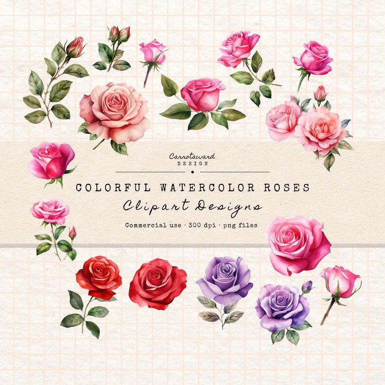 50+ Watercolor Rose Clipart Designs - Digital Stickers - Pink, Red ...