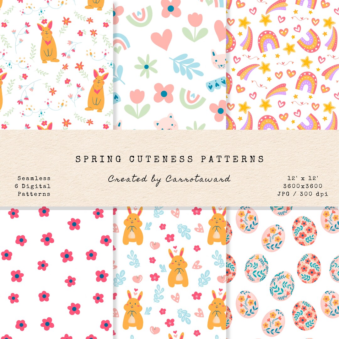 Spring Cuteness Digital Patterns - Seamless Patterns - Printable ...