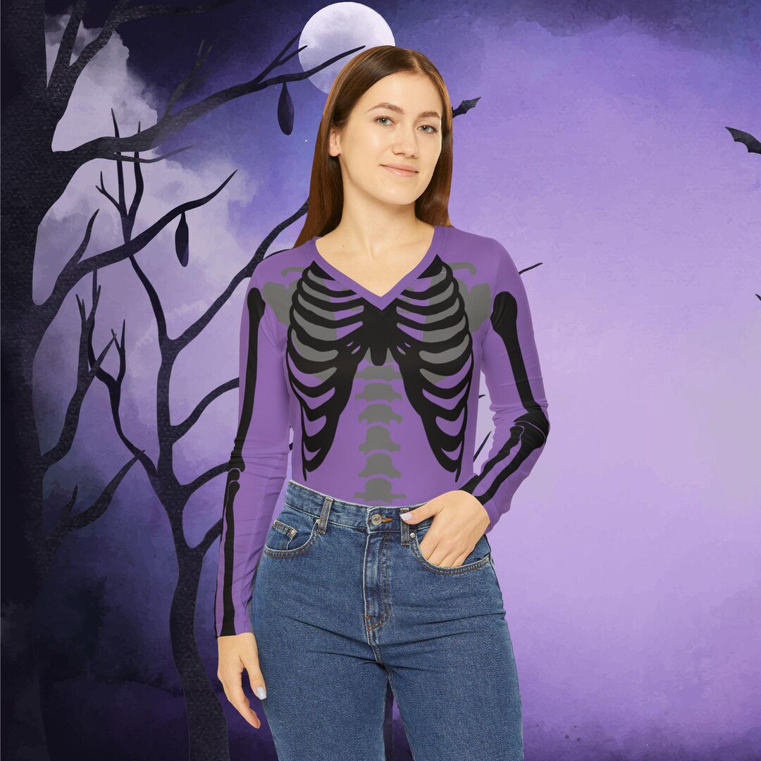 Spooky Skeleton Long Sleeve V-neck Shirt for Halloween, Skeleton Top ...