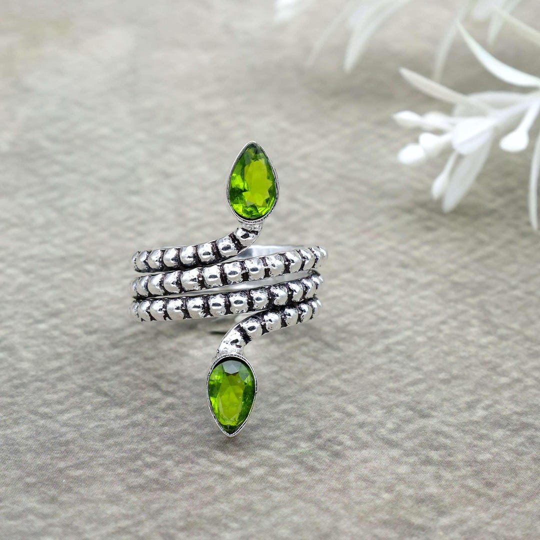 Green Gemstone Snake Ring – Silver Wrap Serpent Ring, Adjustable Boho ...