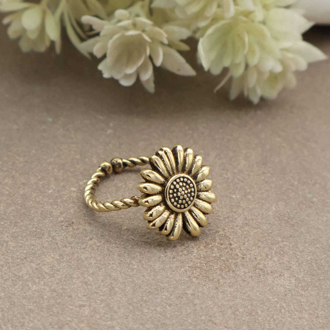 Gold Sunflower Ring, Nature-inspired Floral Adjustable Jewelry, Brass ...