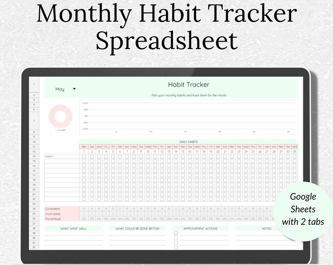 Habit Tracker Spreadsheet Google Sheets Daily Habit Tracker Monthly ...