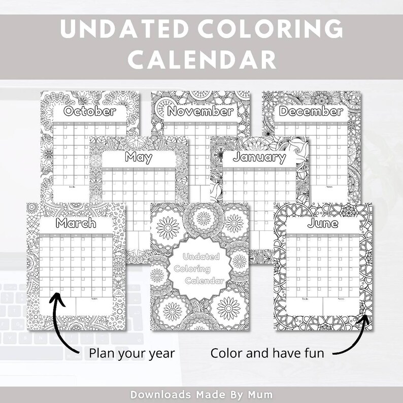 Coloring Calendar, 12 Month Calendar, Undated Monthly Calendar, Mandala ...