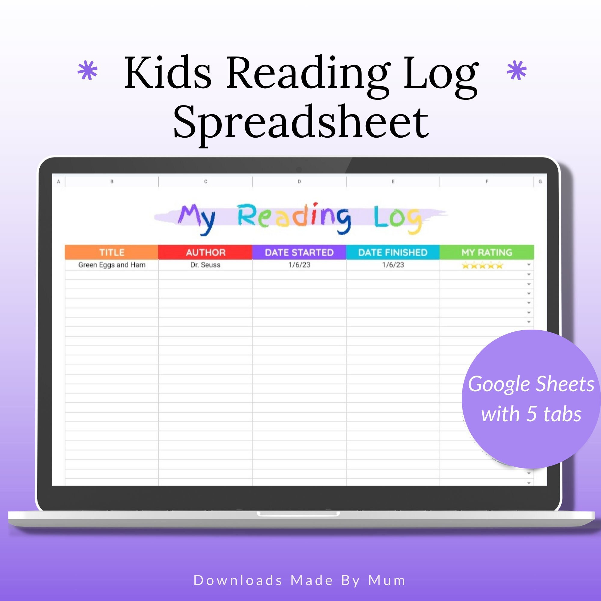 Reading Log for Kids Spreadsheet, Reading Tracker, Reading Challenge ...