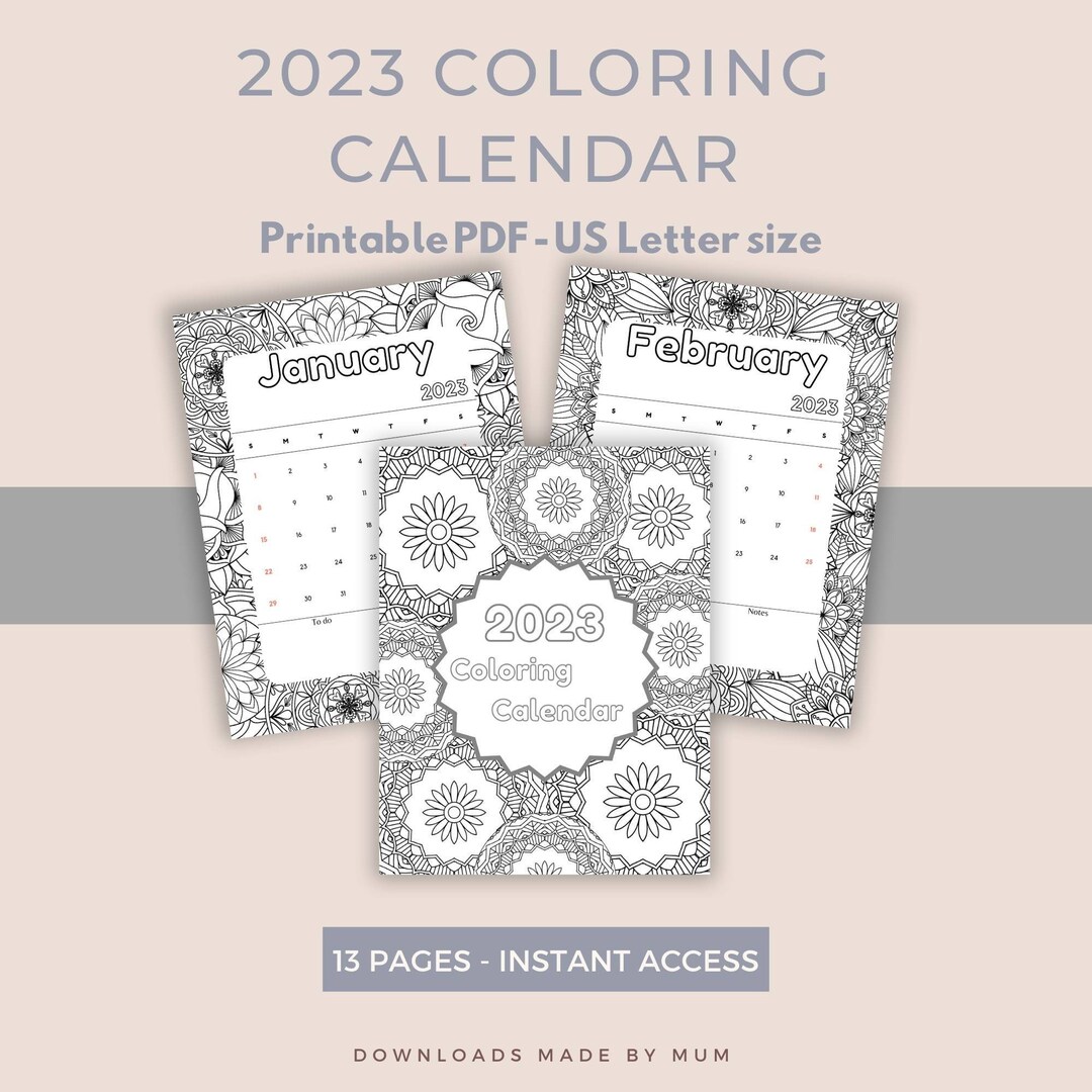 2023 Coloring Calendar, 12 Month Calendar, Mandala Calendar, Yearly ...