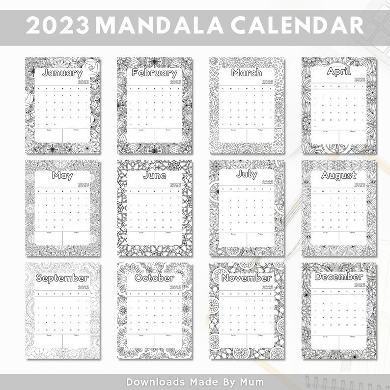 2023 Coloring Calendar, 12 Month Calendar, Mandala Calendar, Yearly ...