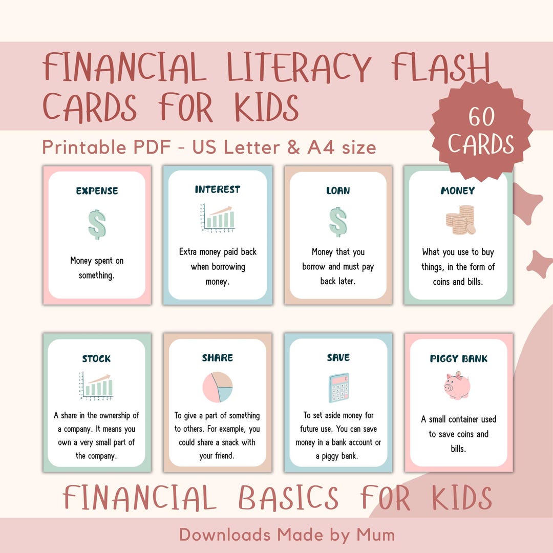 Financial Literacy Flash Cards for Kids, Money Learning Printables ...