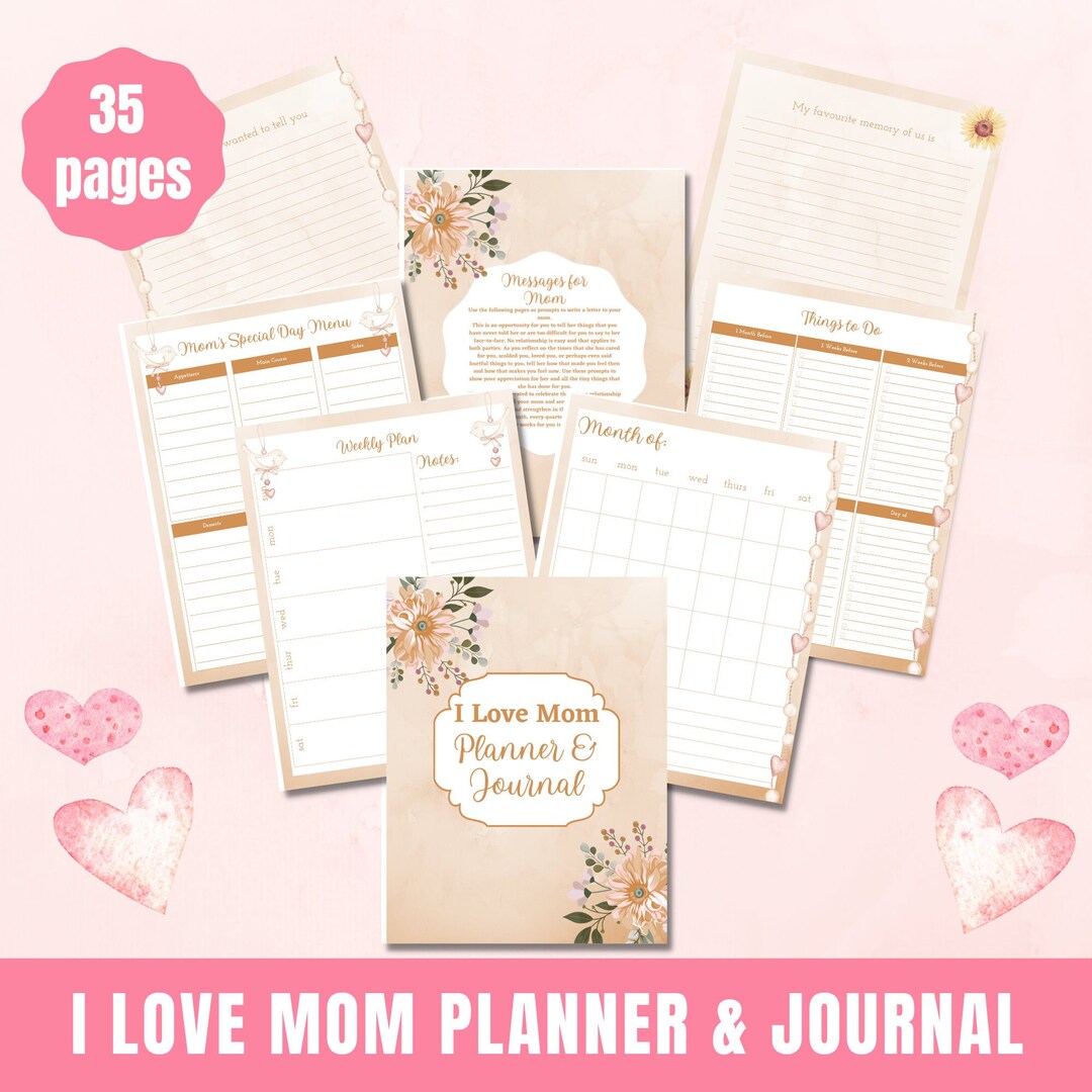Mother's Day Planner, I Love Mom Planner & Journal, Gifts for Mom From Daughter, Printable ...