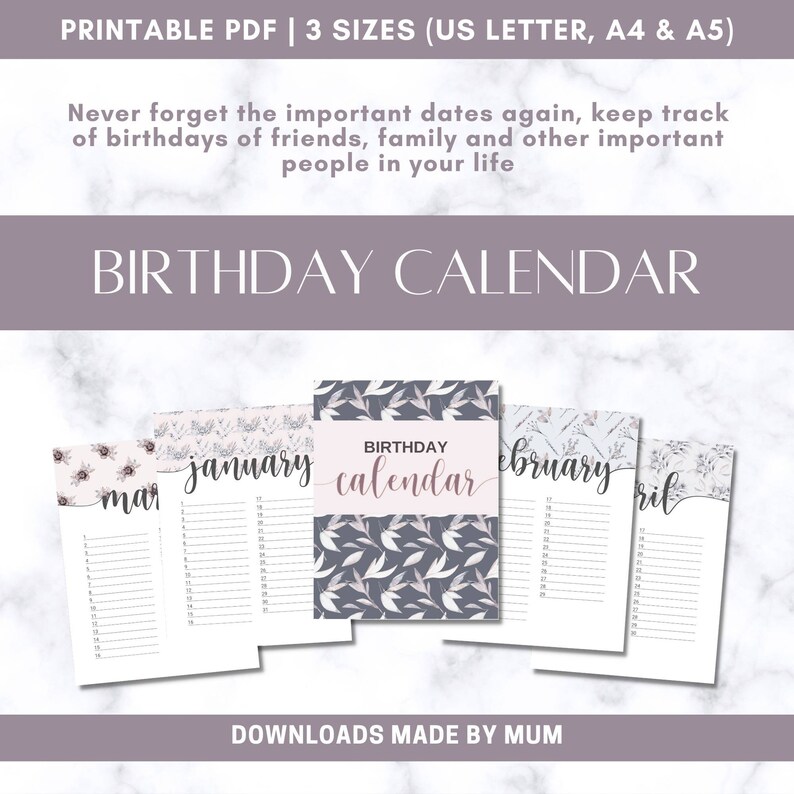 Family Birthday Calendar Printable Birthday Tracker Birthday - Etsy