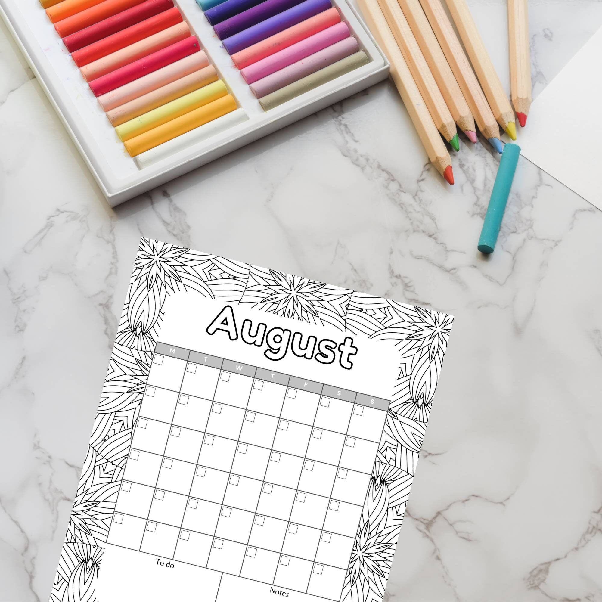 Coloring Calendar, 12 Month Calendar, Undated Monthly Calendar, Mandala ...