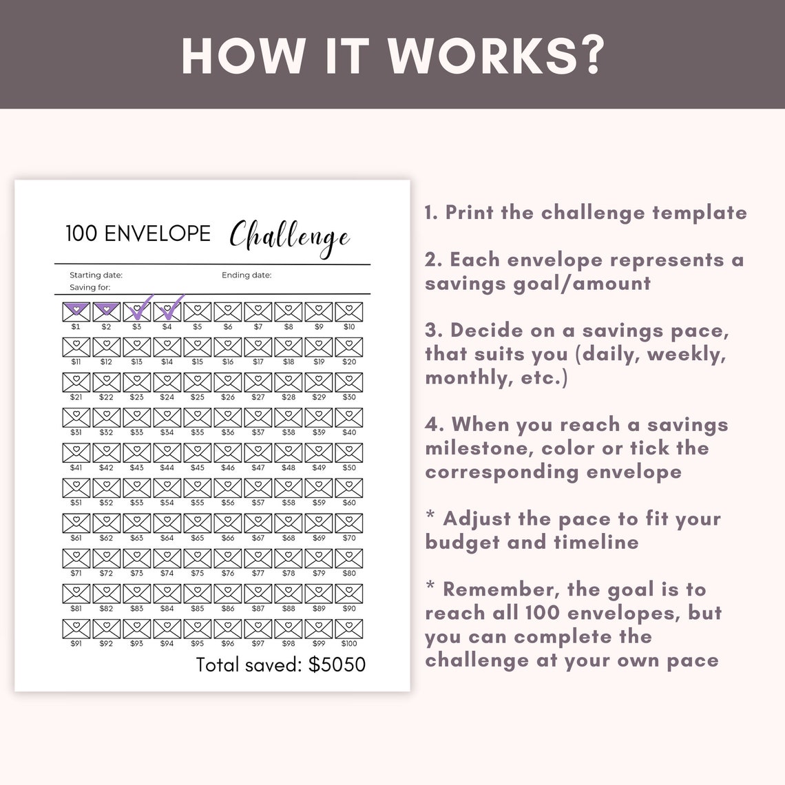 100 Envelope Challenge Printable, 5k 10k Savings Challenge, Cash ...