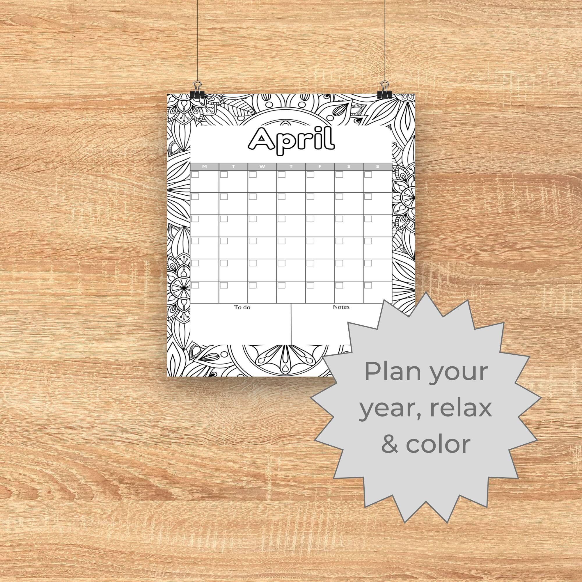 Coloring Calendar, 12 Month Calendar, Undated Monthly Calendar, Mandala ...