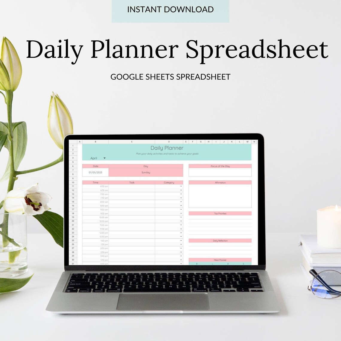 Spreadsheet Planner, Daily Task Tracker, Daily Hourly Planner, Google ...