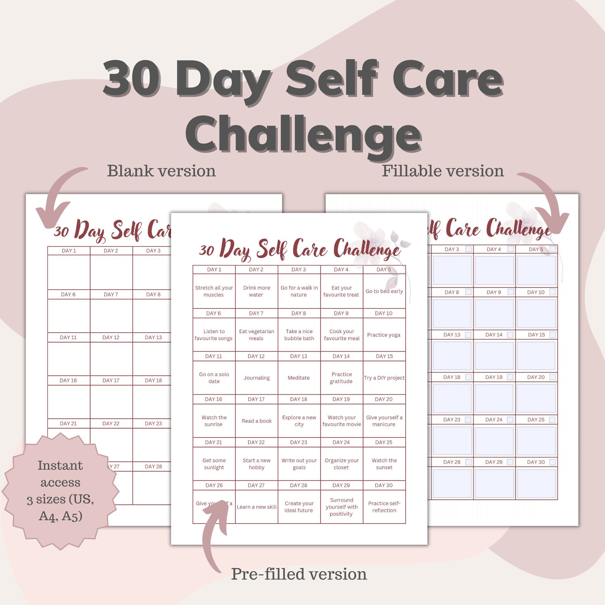 30 Day Self Care Challenge, Self Care Checklist, Self Care Plan ...