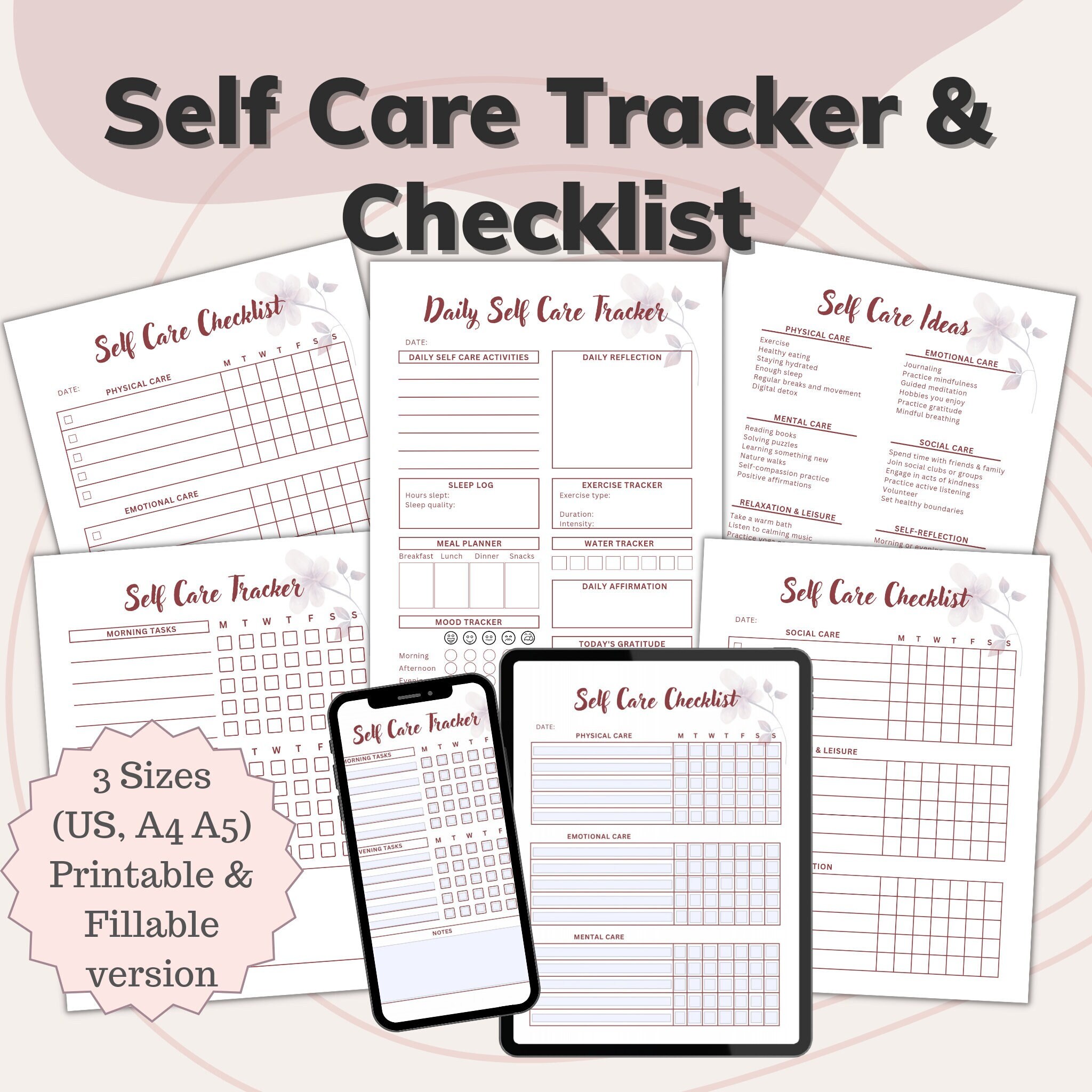 Self Care Tracker, Self Care Checklist, Self Care Template, Self Care ...