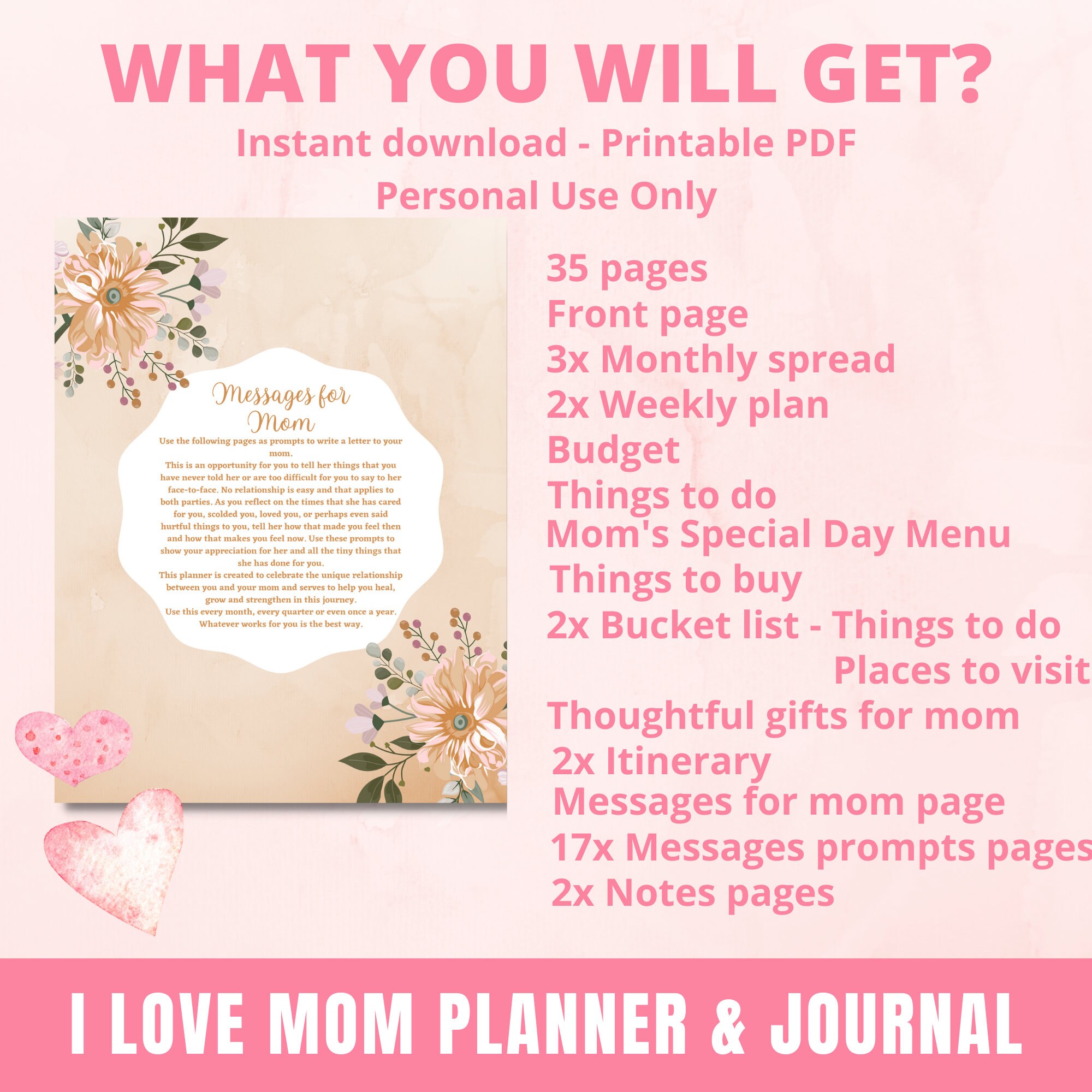 Mother's Day Planner, I Love Mom Planner & Journal, Gifts for Mom From ...