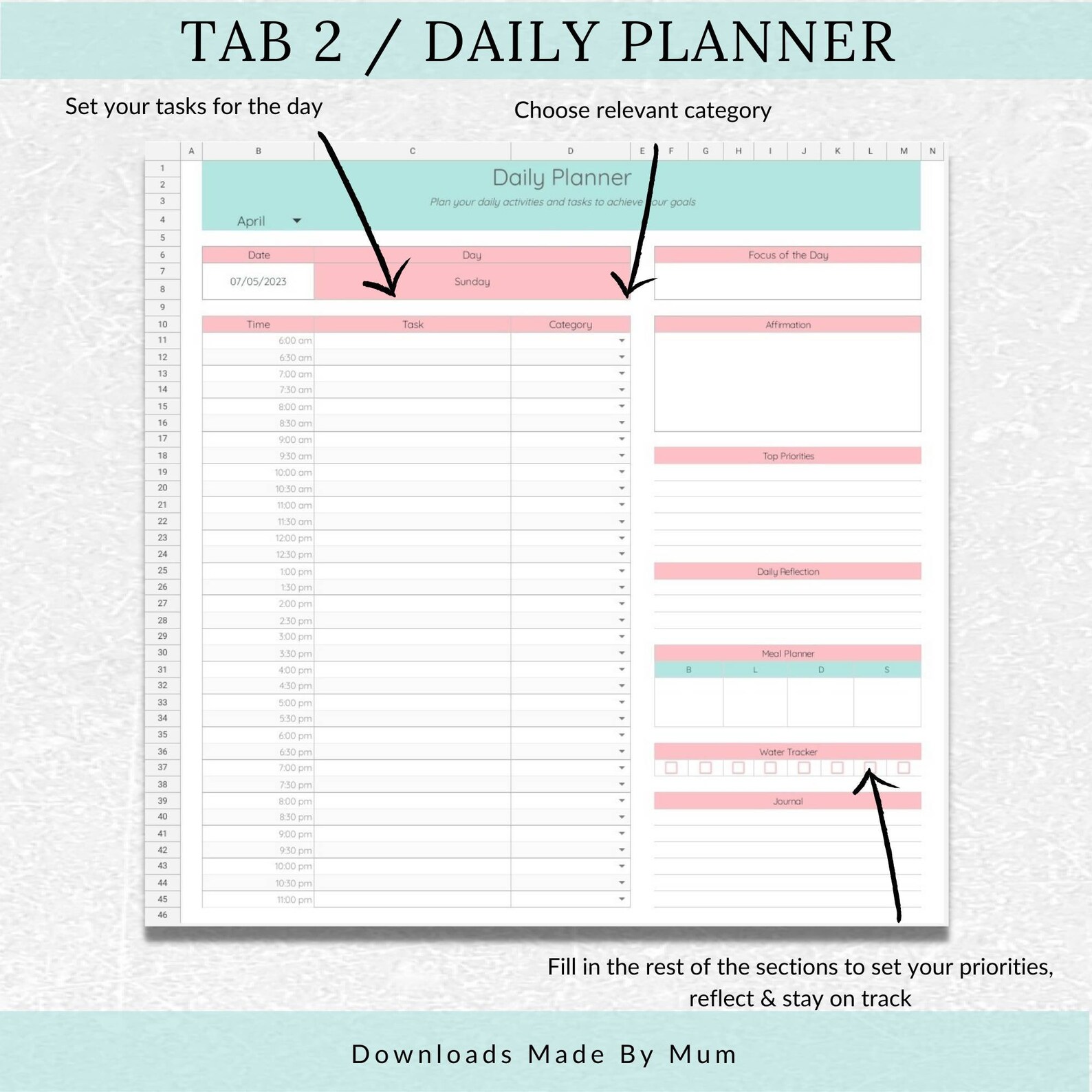 Spreadsheet Planner, Daily Task Tracker, Daily Hourly Planner, Google ...