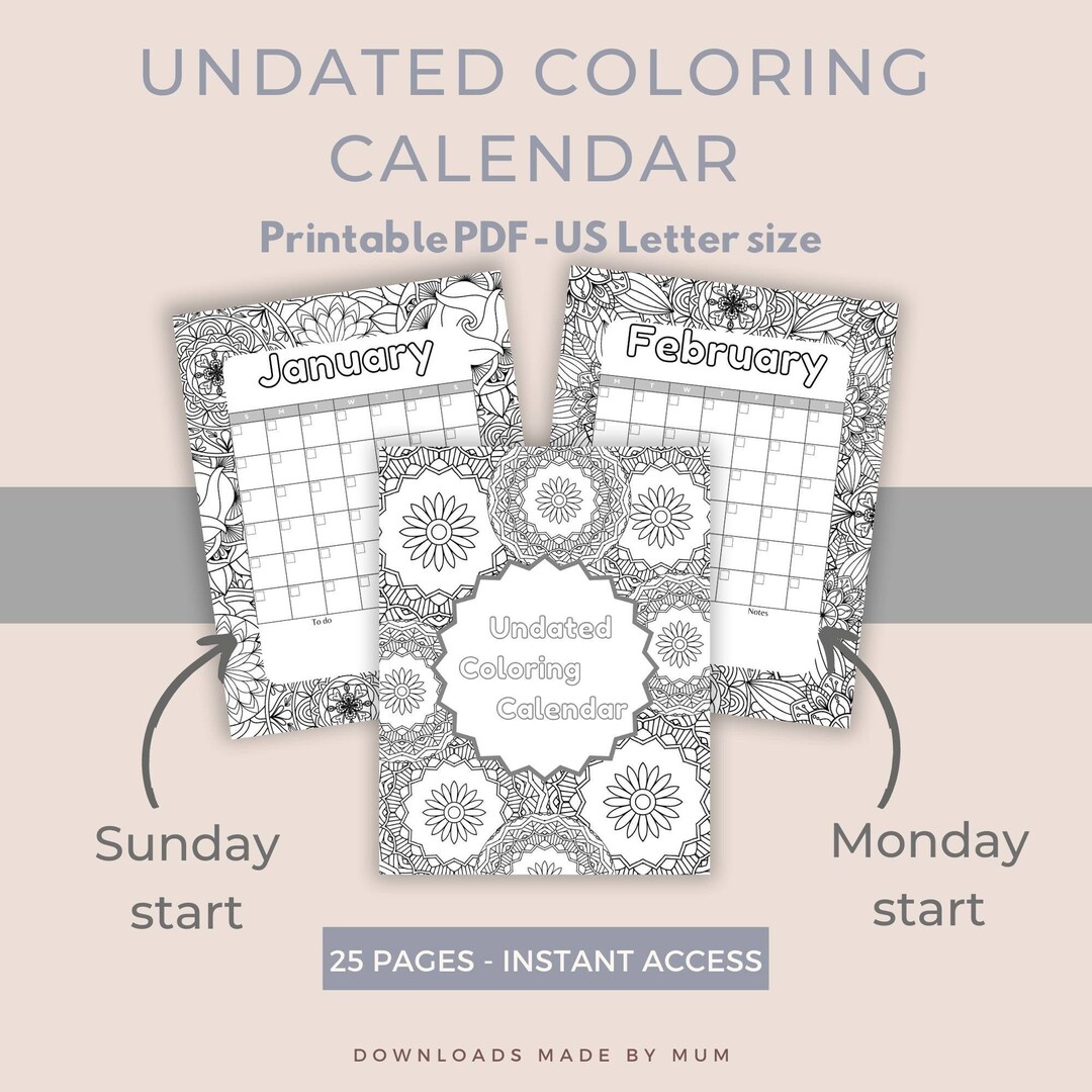Coloring Calendar, 12 Month Calendar, Undated Monthly Calendar, Mandala ...