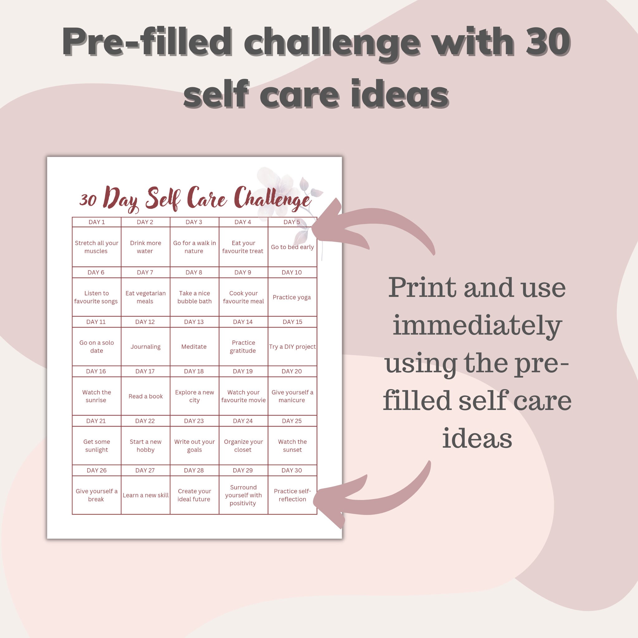 30 Day Self Care Challenge, Self Care Checklist, Self Care Plan ...