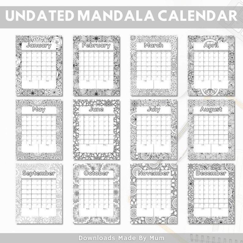 Coloring Calendar, 12 Month Calendar, Undated Monthly Calendar, Mandala ...