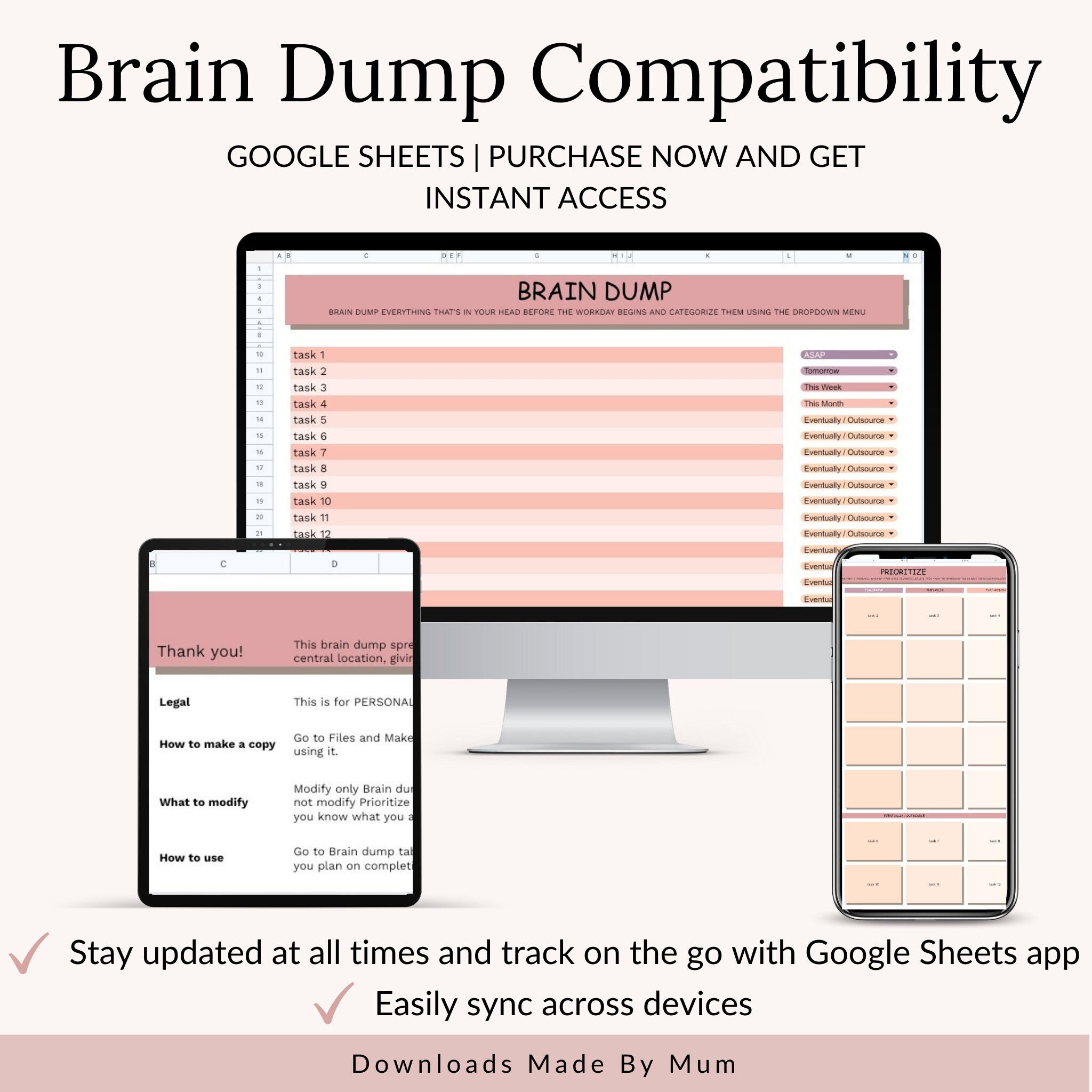 Brain Dump Spreadsheet, Brain Dump Template, Google Sheets Planner ...