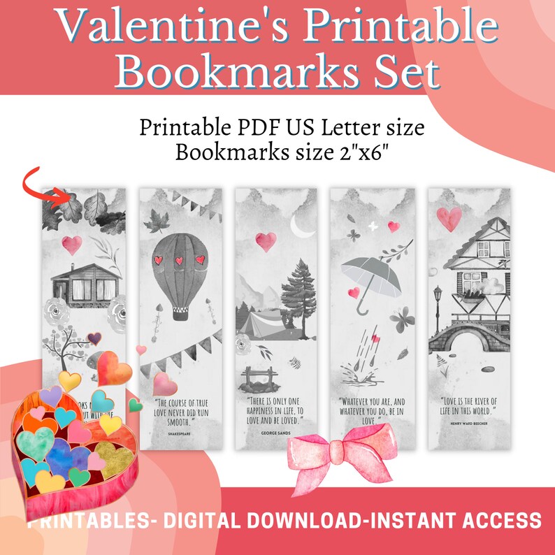 Printable Bookmarks Set, Valentine's Day Bookmarks, Watercolor ...