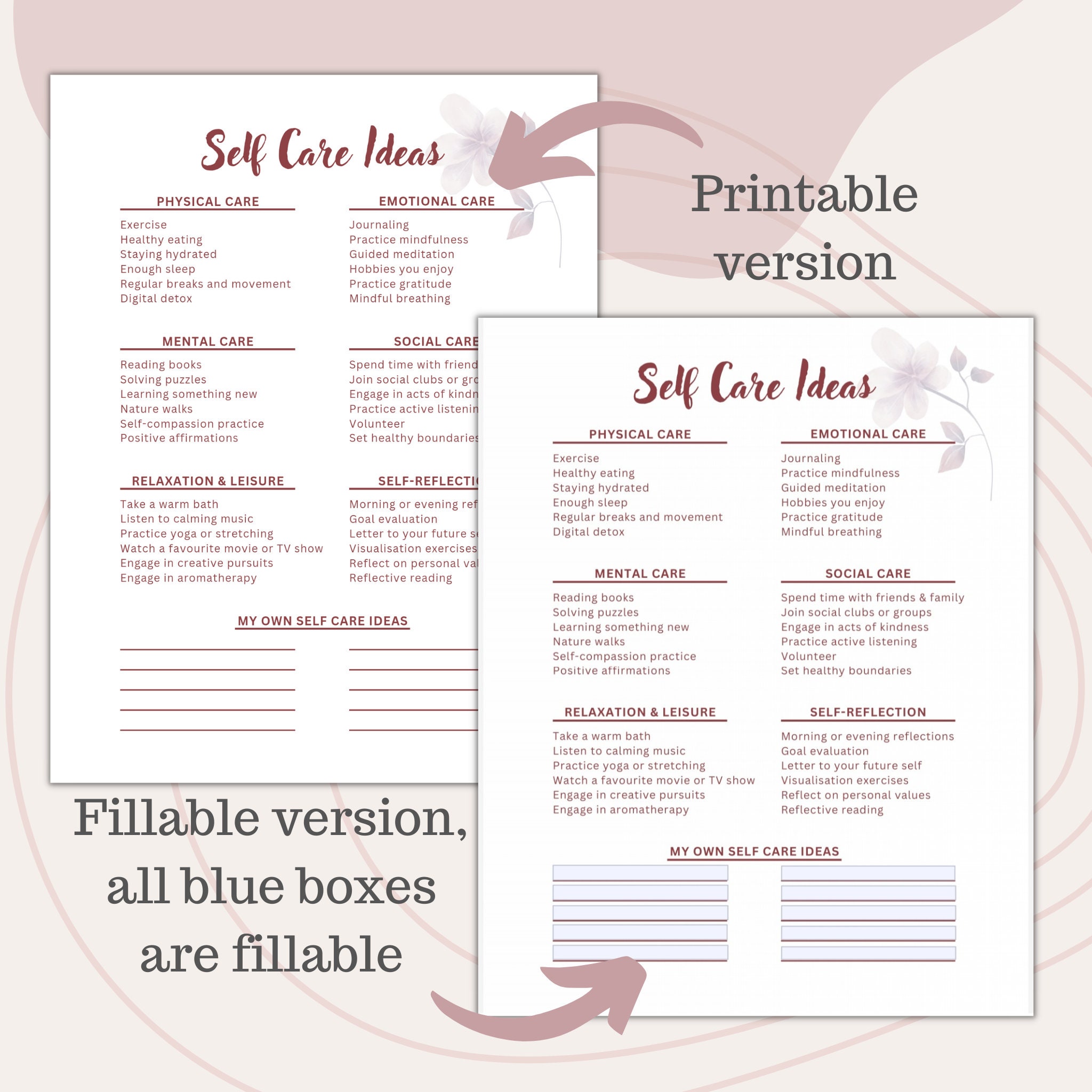 Self Care Tracker, Self Care Checklist, Self Care Template, Self Care ...