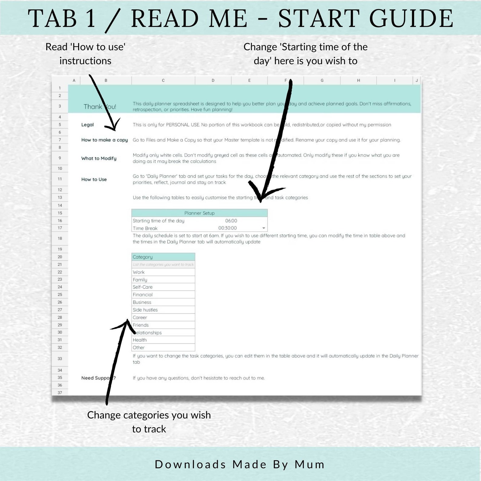 Spreadsheet Planner, Daily Task Tracker, Daily Hourly Planner, Google ...