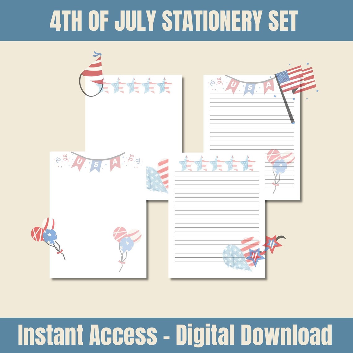 Fourth of July Printable Stationery Set, Patriotic Printables, Letter ...