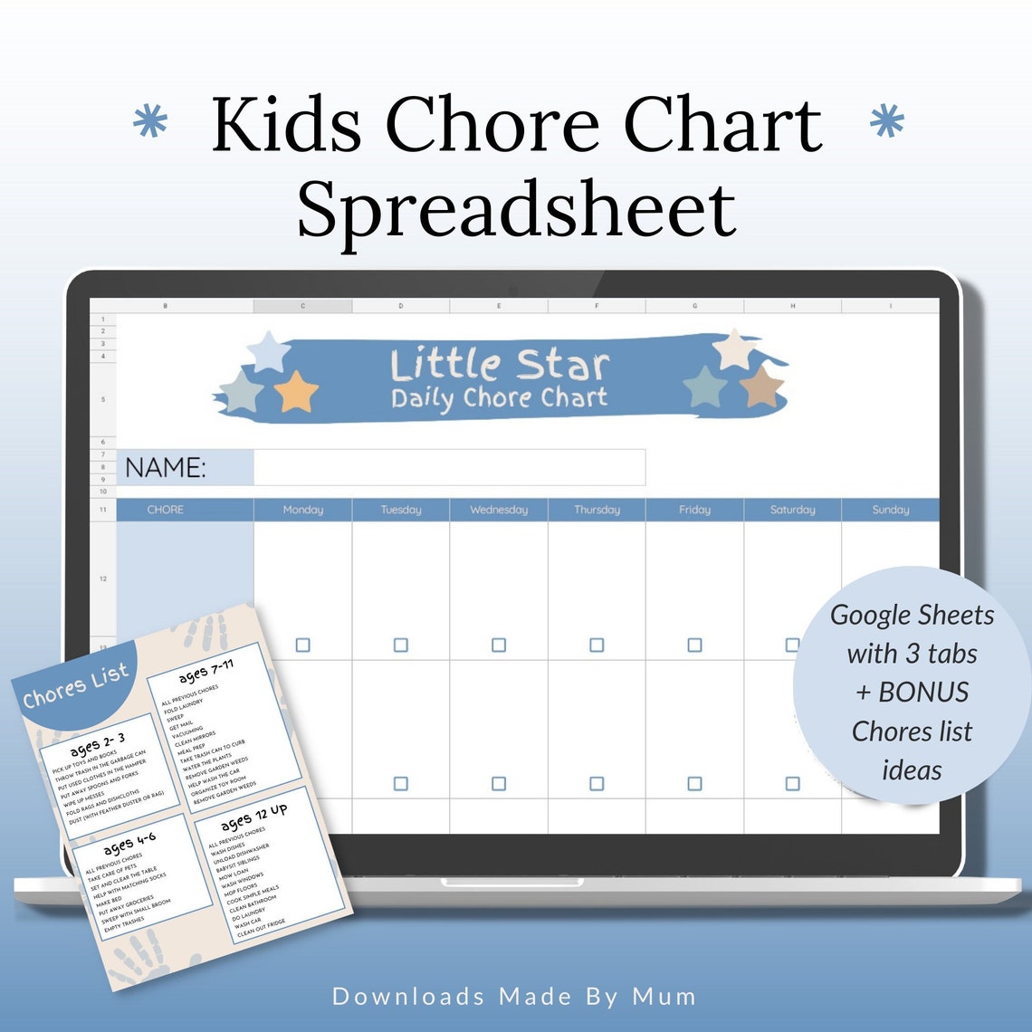 Kids Chore Chart Spreadsheet, Digital Chore Chart, Google Sheets ...