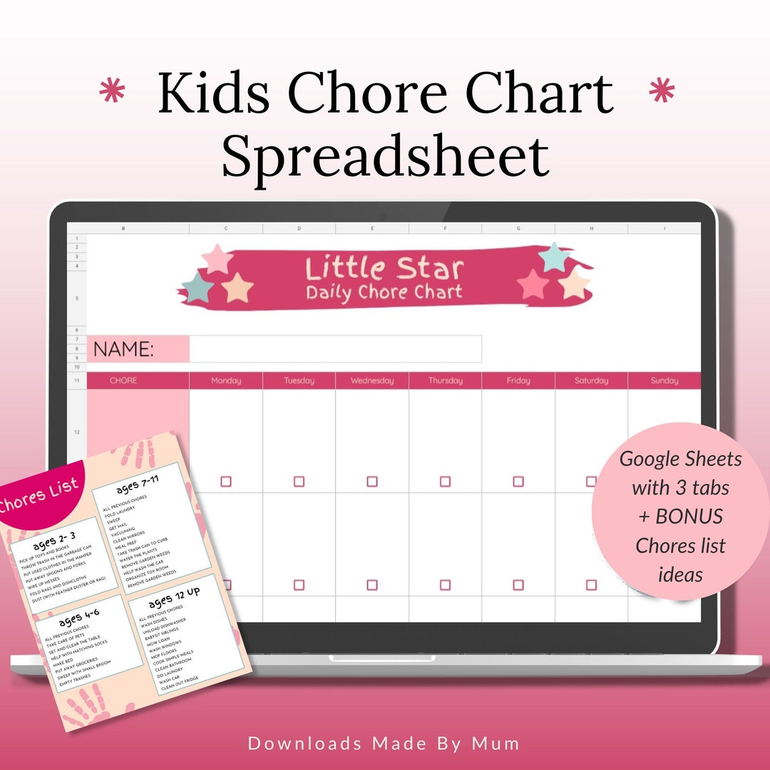 Kids Chore Chart Spreadsheet, Digital Chore Chart, Google Sheets ...