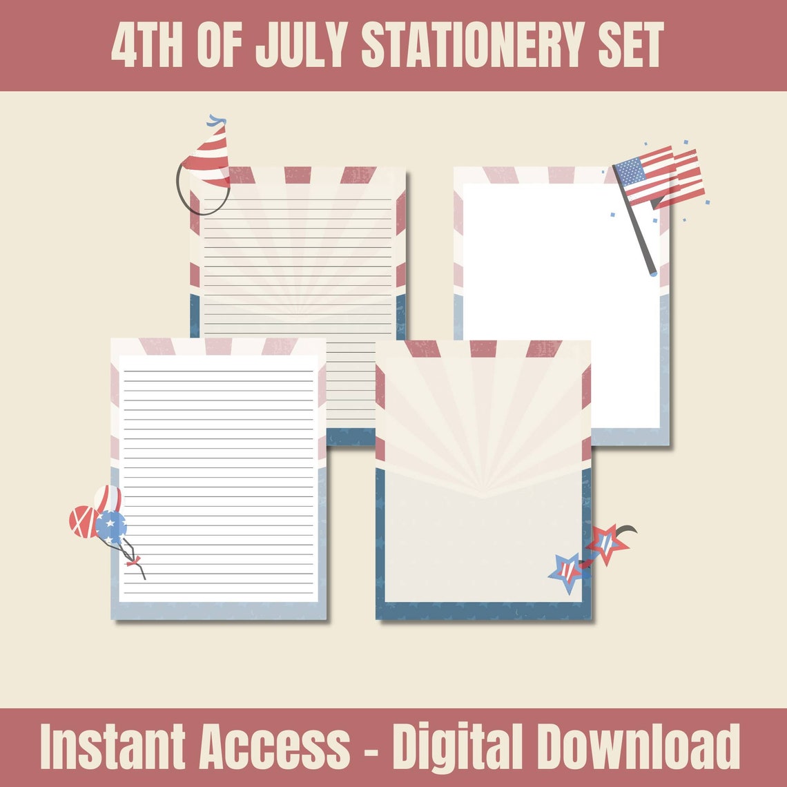 Fourth of July Printable Stationery Set, Patriotic Printables, Letter ...